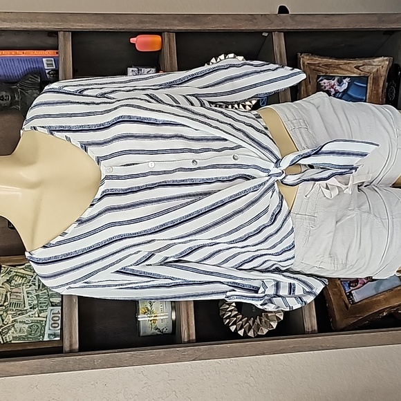 Kaii | Tops | Kaii Large Blouse With Blue Vertical Lines | Poshmark